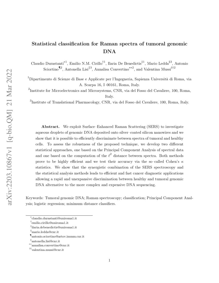 Statistical classification for Raman spectra of tumoral genomic DNA | DeepAI