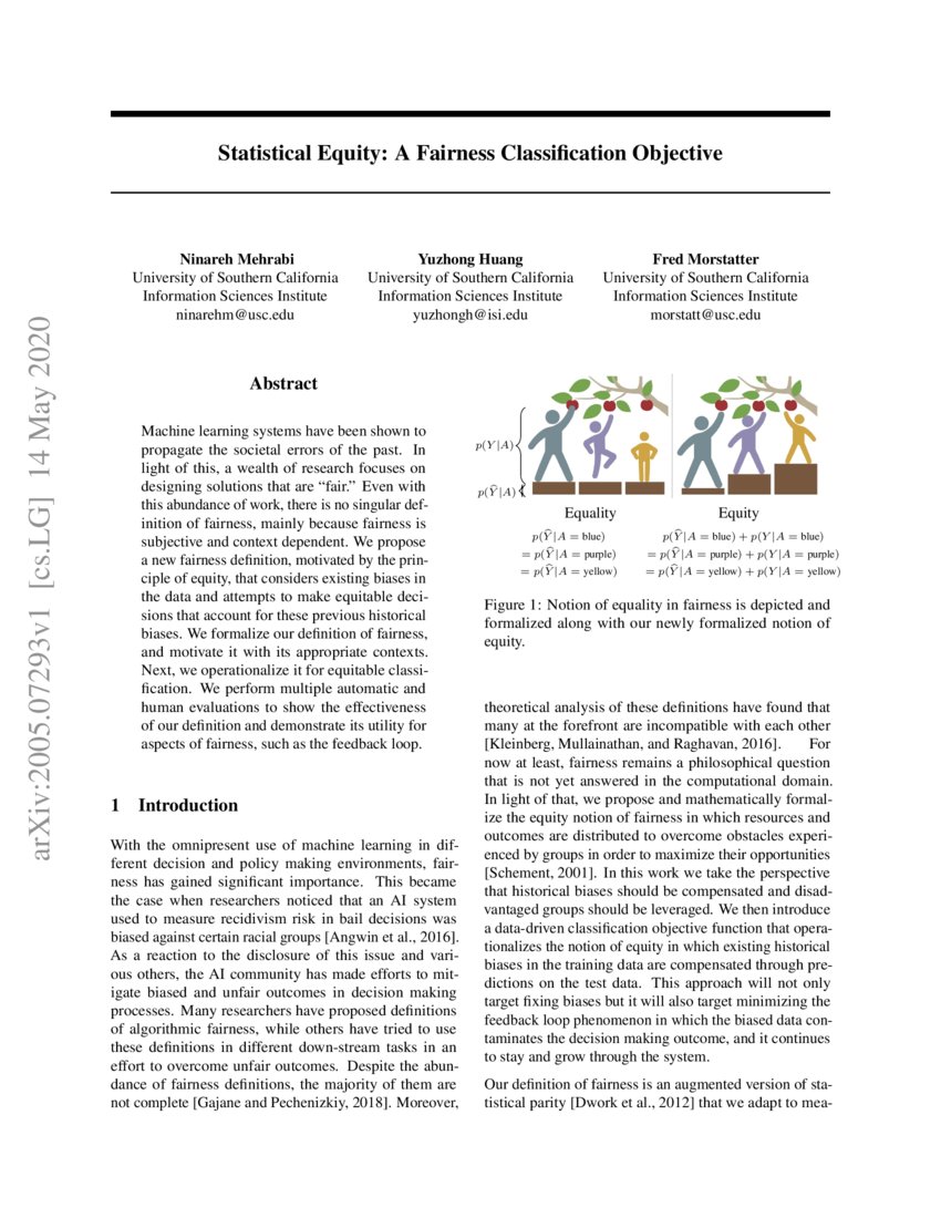 Statistical Equity: A Fairness Classification Objective | DeepAI