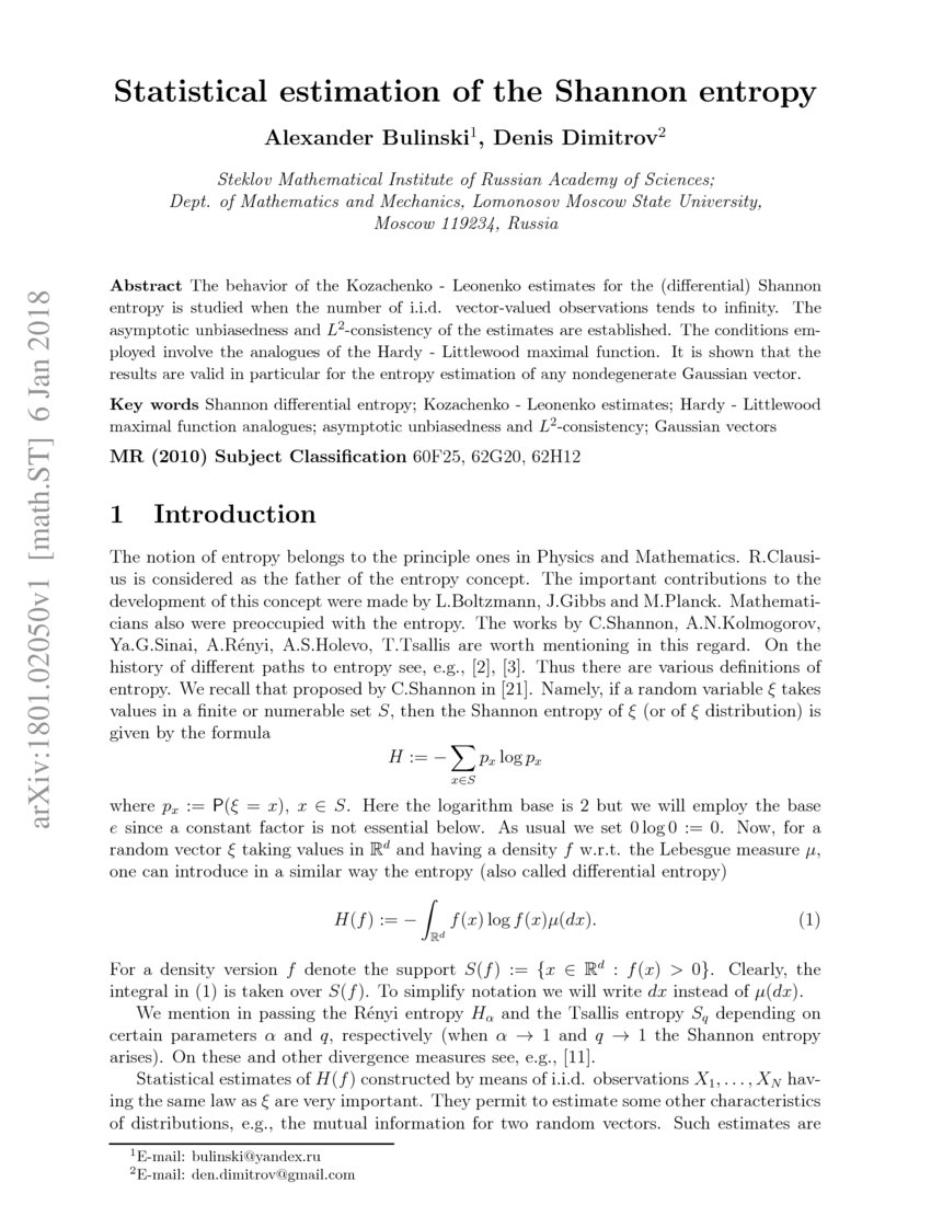 Statistical estimation of the Shannon entropy | DeepAI