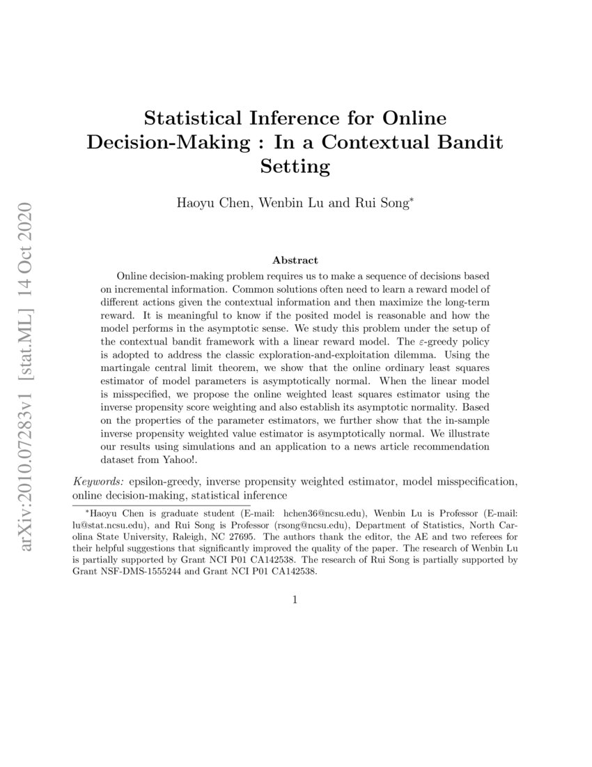Statistical Inference For Online Decision Making In A Contextual Bandit Setting Deepai 