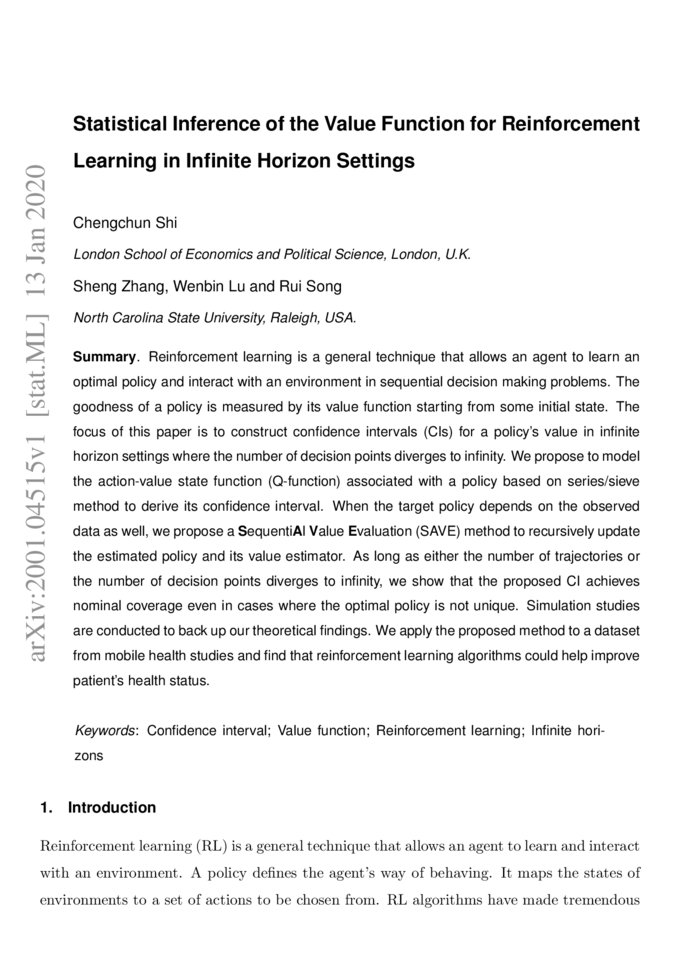 Statistical Inference of the Value Function for Reinforcement Learning ...