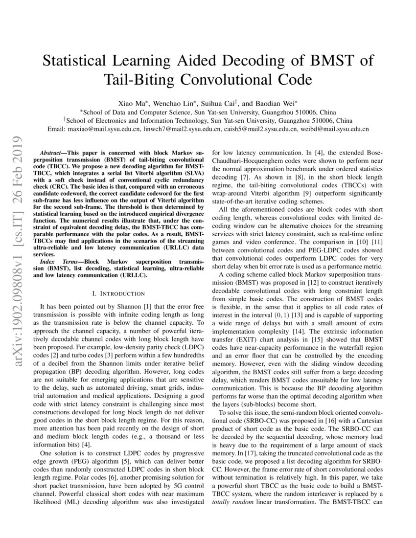 Statistical Learning Aided Decoding Of Bmst Of Tail Biting Convolutional Code Deepai