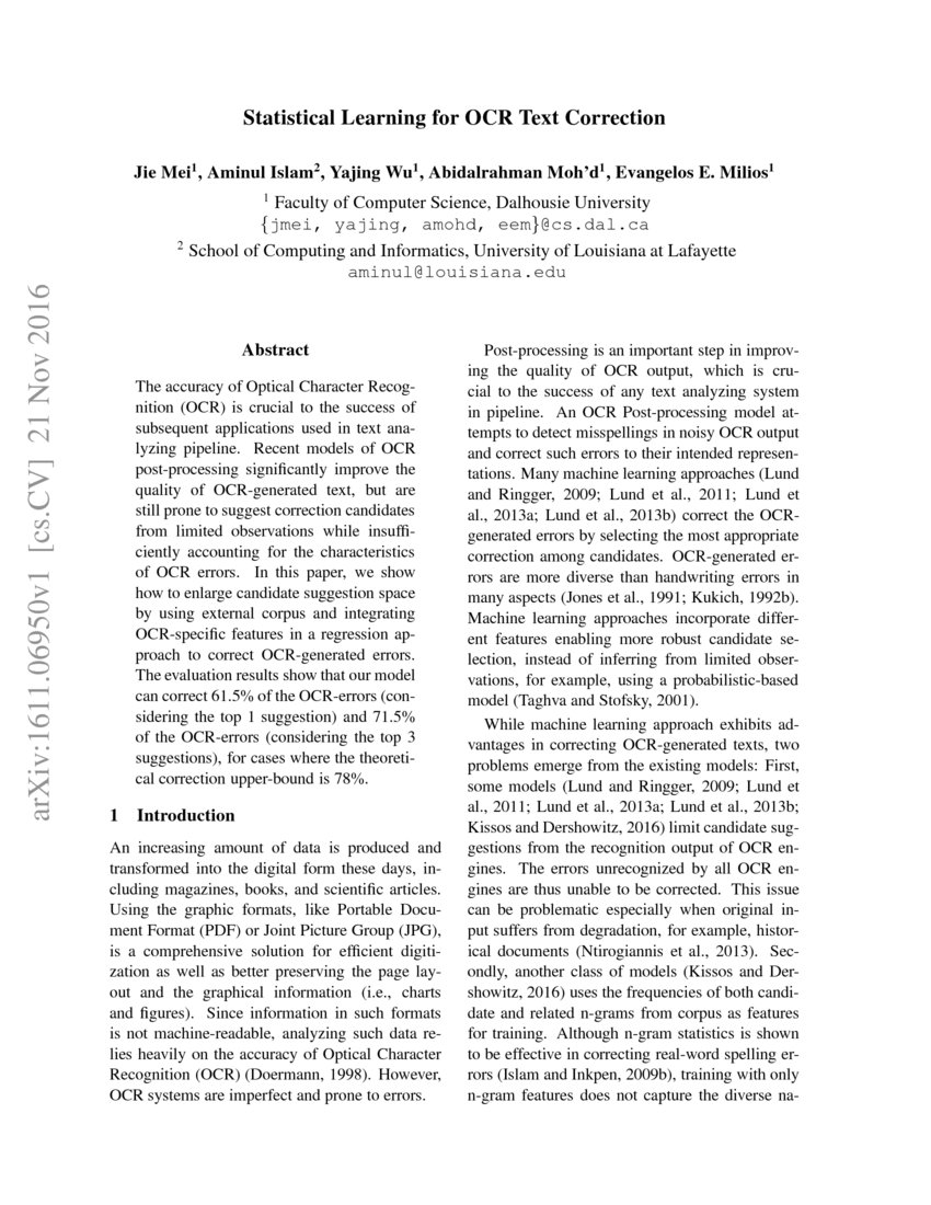 Statistical Learning For Ocr Text Correction Deepai 6318