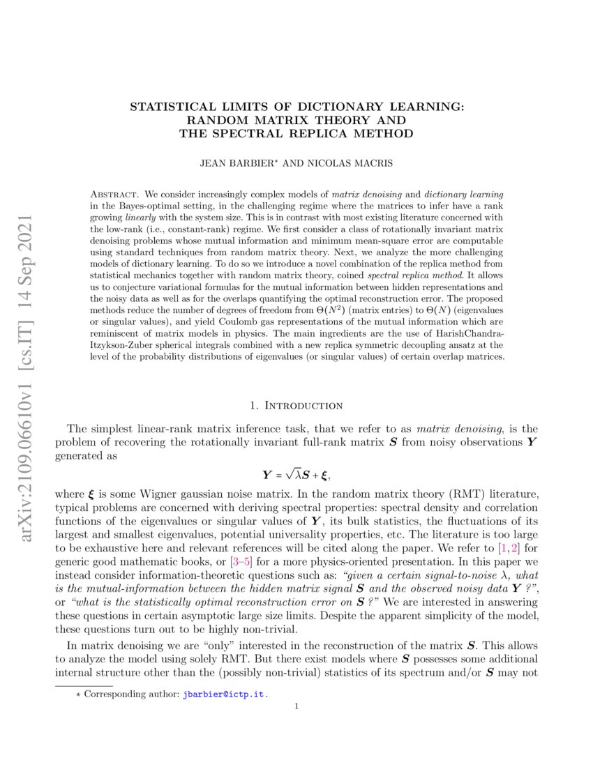 Statistical Limits Of Dictionary Learning Random Matrix Theory And The Spectral Replica Method