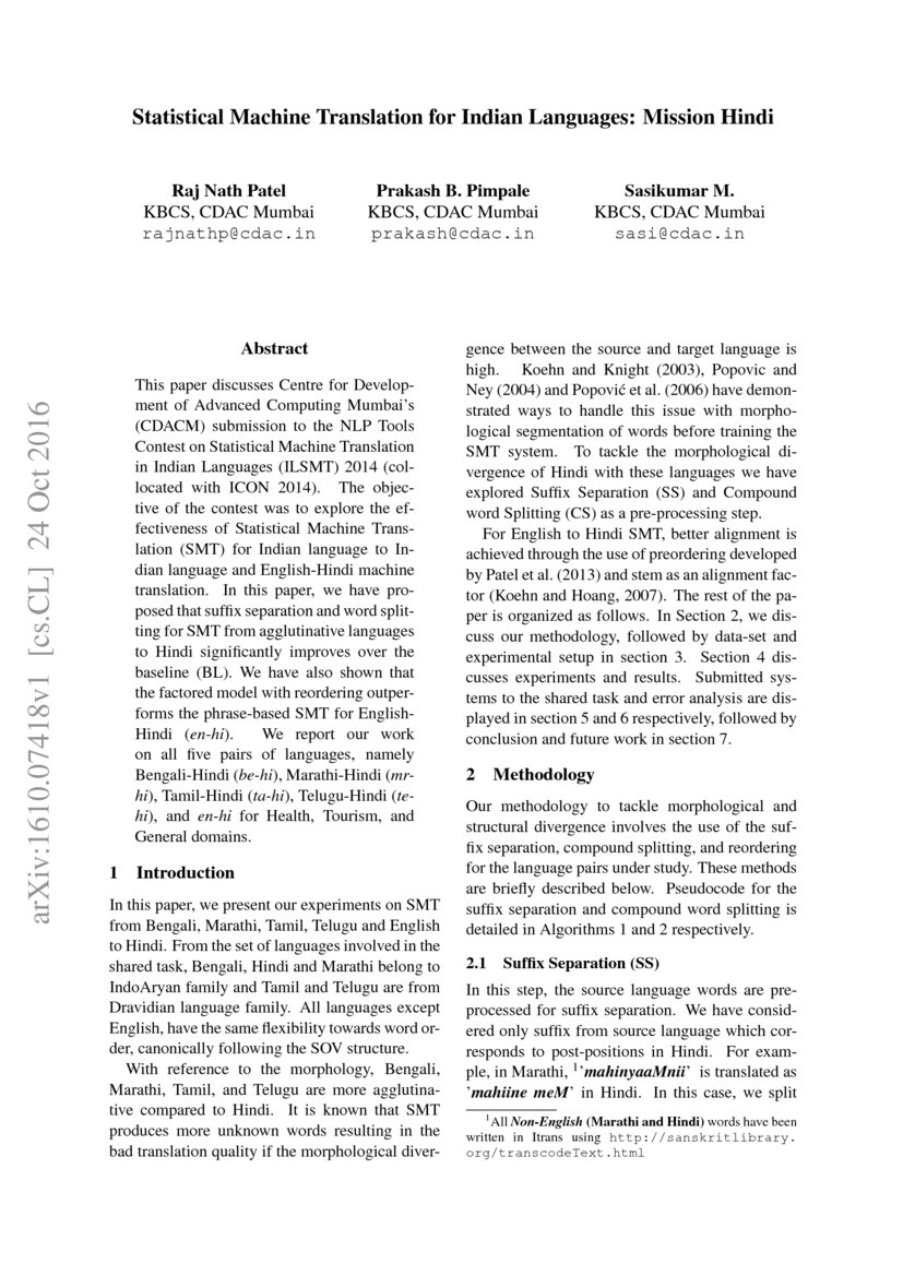Statistical Machine Translation for Indian Languages: Mission Hindi ...