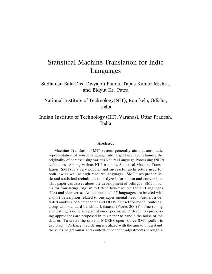 Statistical Machine Translation for Indic Languages | DeepAI