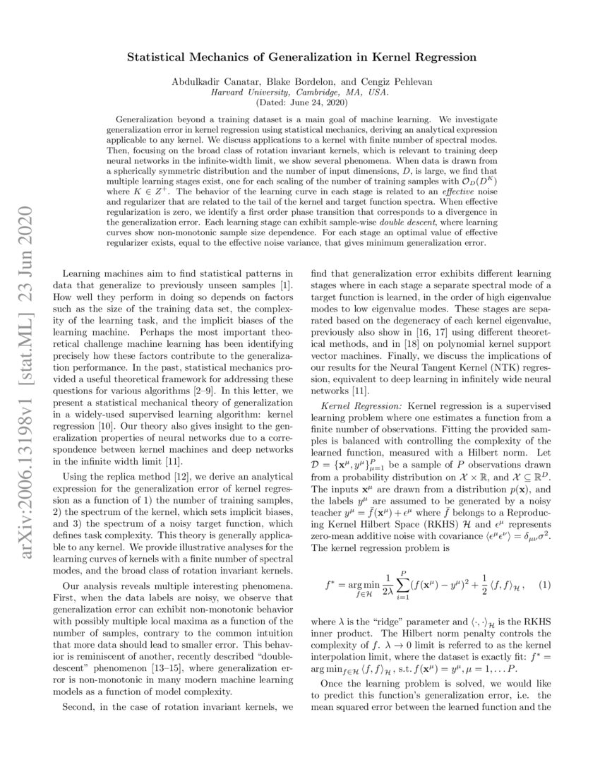 Statistical Mechanics of Generalization in Kernel Regression | DeepAI