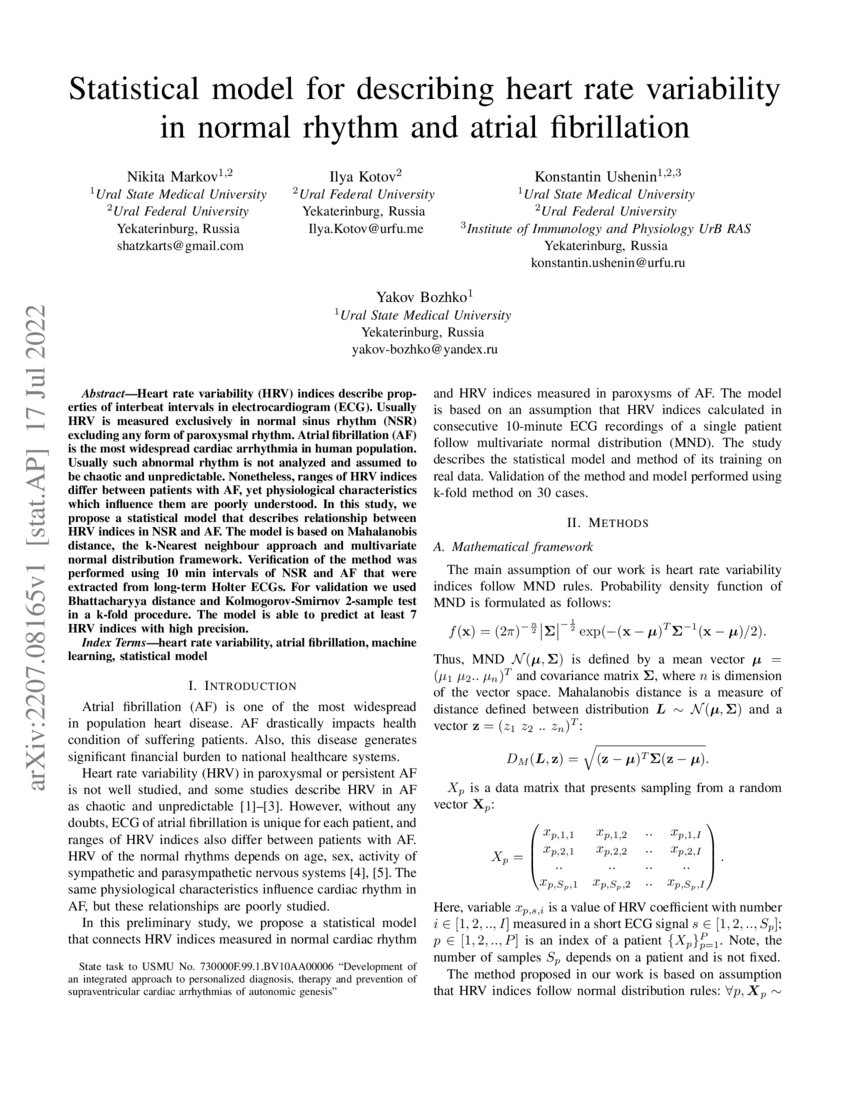 Statistical model for describing heart rate variability in normal rhythm and atrial fibrillation ...