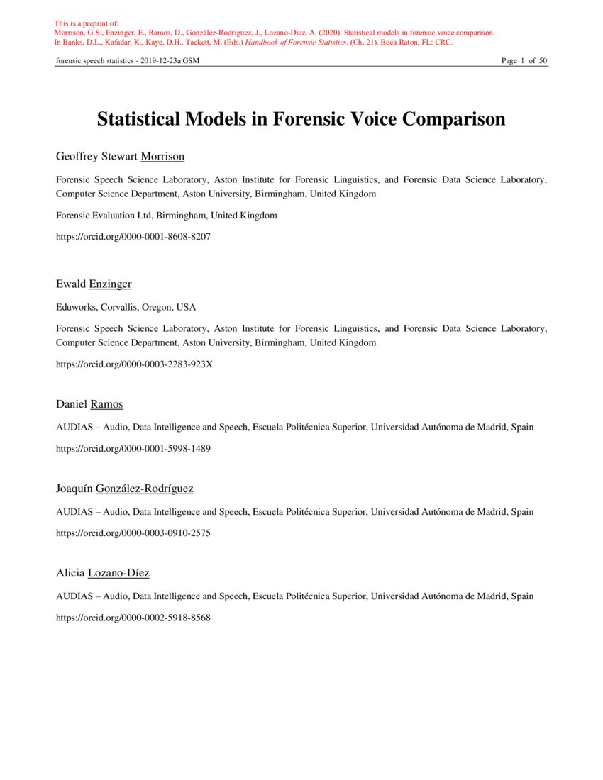 Statistical Models In Forensic Voice Comparison Deepai