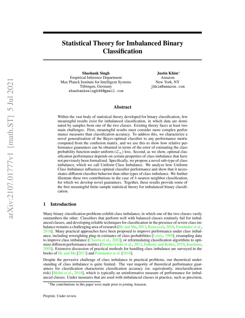 Statistical Theory for Imbalanced Binary Classification | DeepAI