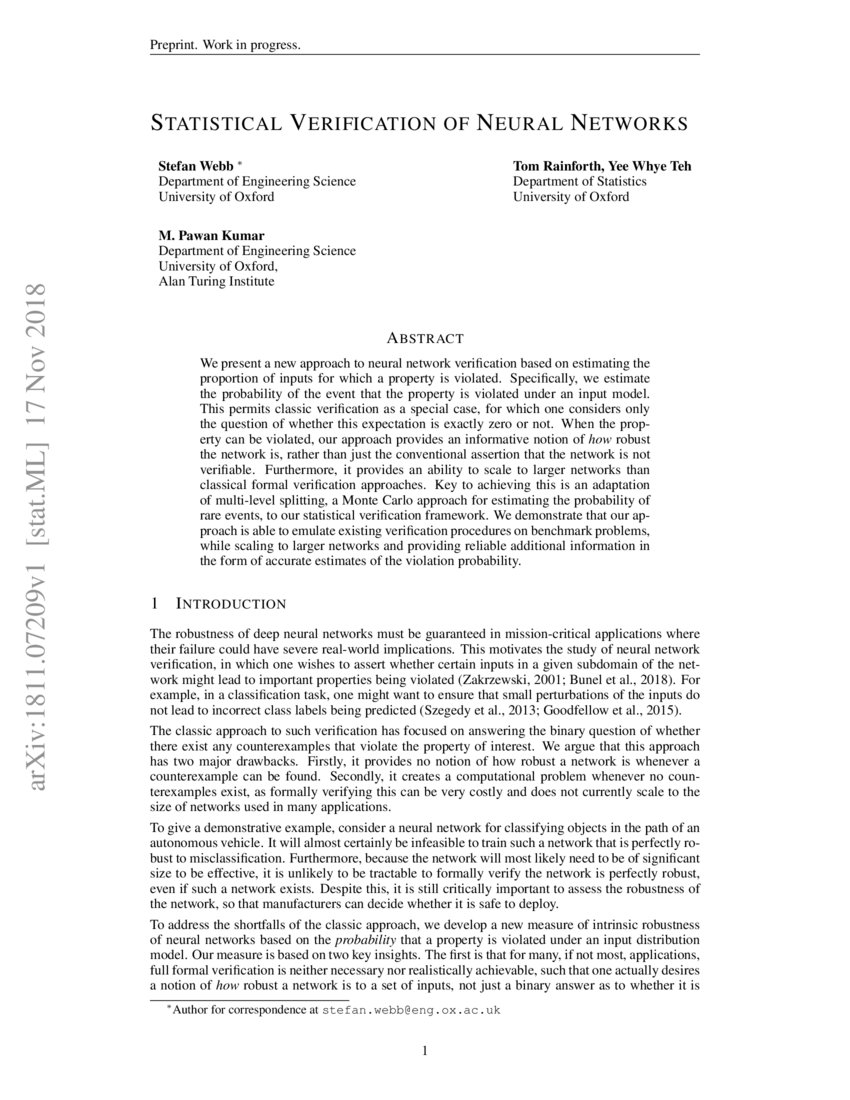 Statistical Verification of Neural Networks | DeepAI