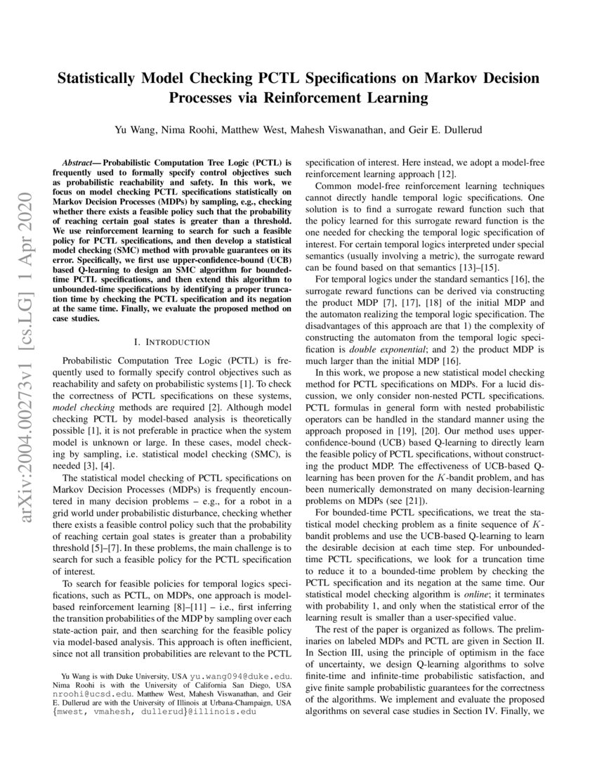 Statistically Model Checking PCTL Specifications on Markov Decision Processes via Reinforcement ...