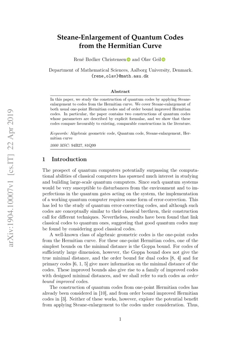 Steane-Enlargement of Quantum Codes from the Hermitian Curve | DeepAI