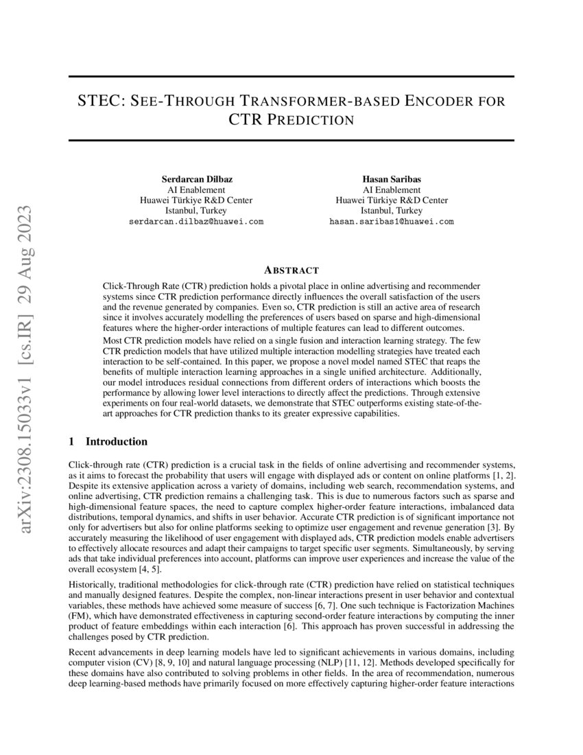 STEC: See-Through Transformer-based Encoder for CTR Prediction | DeepAI STEC: See-Through Transformer-based Encoder for CTR Prediction | DeepAI