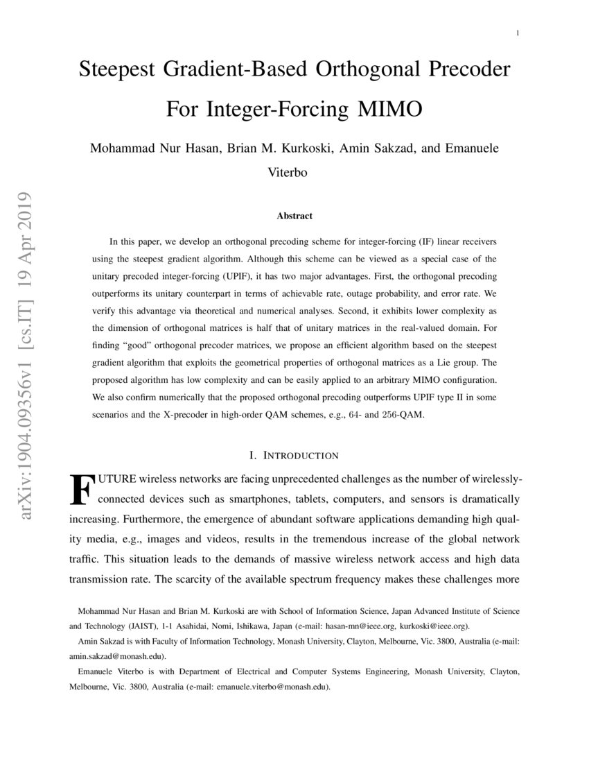 Steepest Gradient Based Orthogonal Precoder For Integer Forcing Mimo Deepai 5999