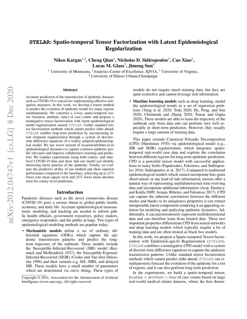 Stelar Spatio Temporal Tensor Factorization With Latent Epidemiological Regularization Deepai