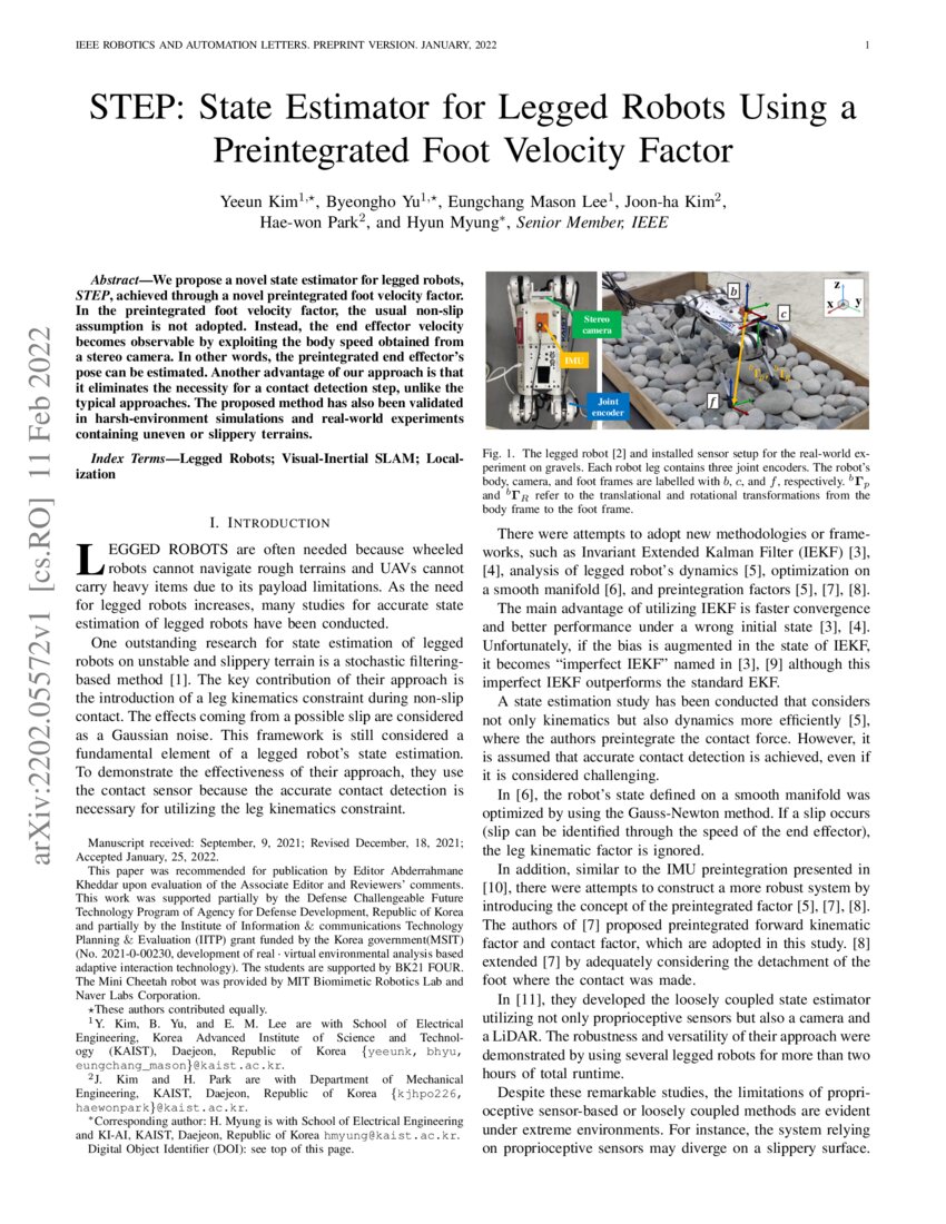STEP: State Estimator for Legged Robots Using a Preintegrated foot Velocity Factor | DeepAI
