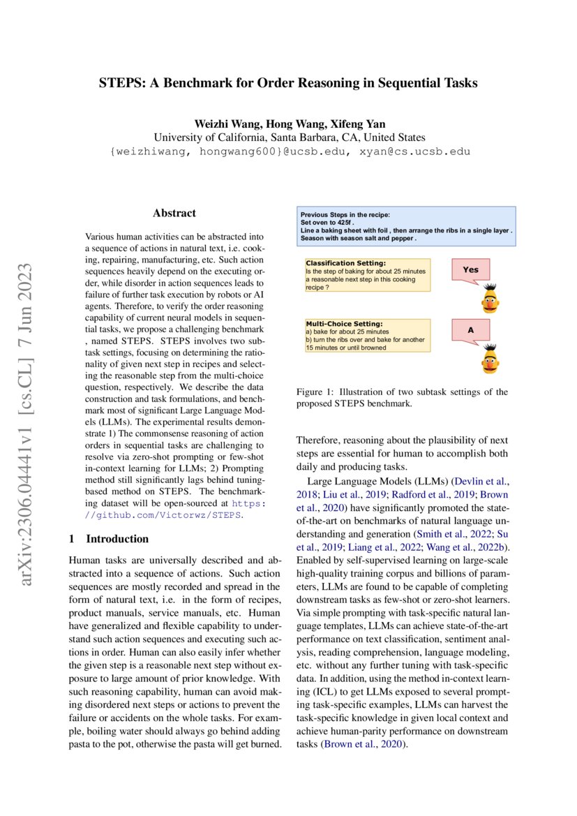 Steps A Benchmark For Order Reasoning In Sequential Tasks Deepai