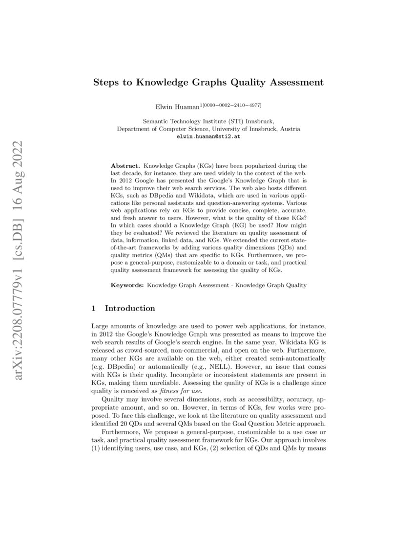 Steps to Knowledge Graphs Quality Assessment | DeepAI