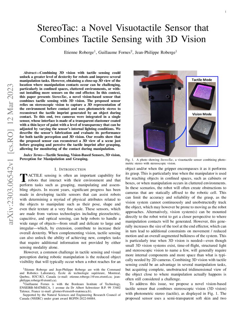 StereoTac: a Novel Visuotactile Sensor that Combines Tactile Sensing ...
