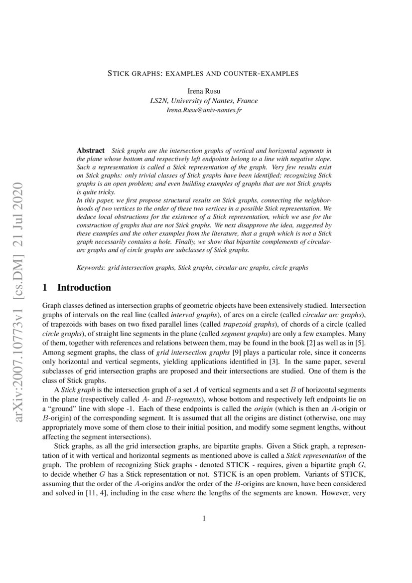 Stick graphs: examples and counter-examples | DeepAI