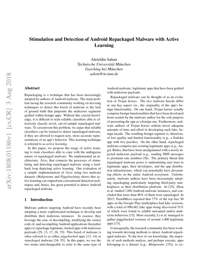 Stimulation And Detection Of Android Repackaged Malware With Active Learning Deepai