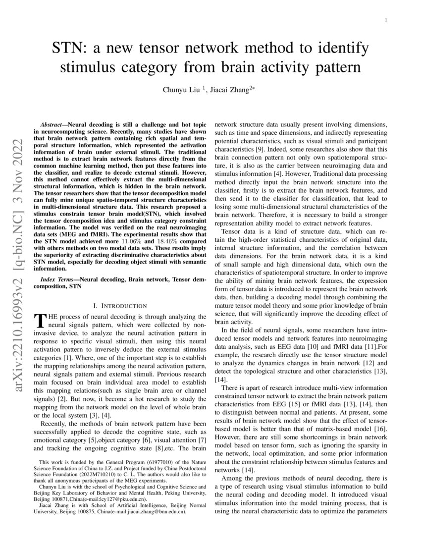 STN: a new tensor network method to identify stimulus category from brain activity pattern | DeepAI