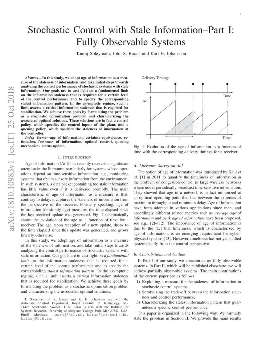 Stochastic Control With Stale Information Part I Fully Observable
