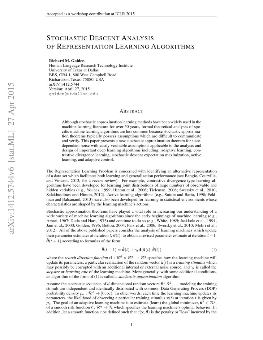 Stochastic Descent Analysis Of Representation Learning Algorithms Deepai