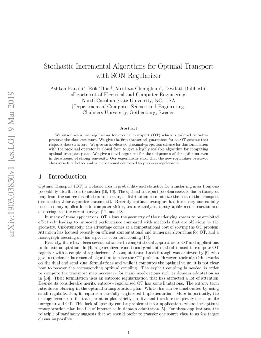 Stochastic Incremental Algorithms For Optimal Transport With Son Regularizer Deepai