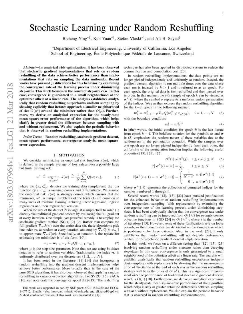Stochastic Learning Under Random Reshuffling Deepai