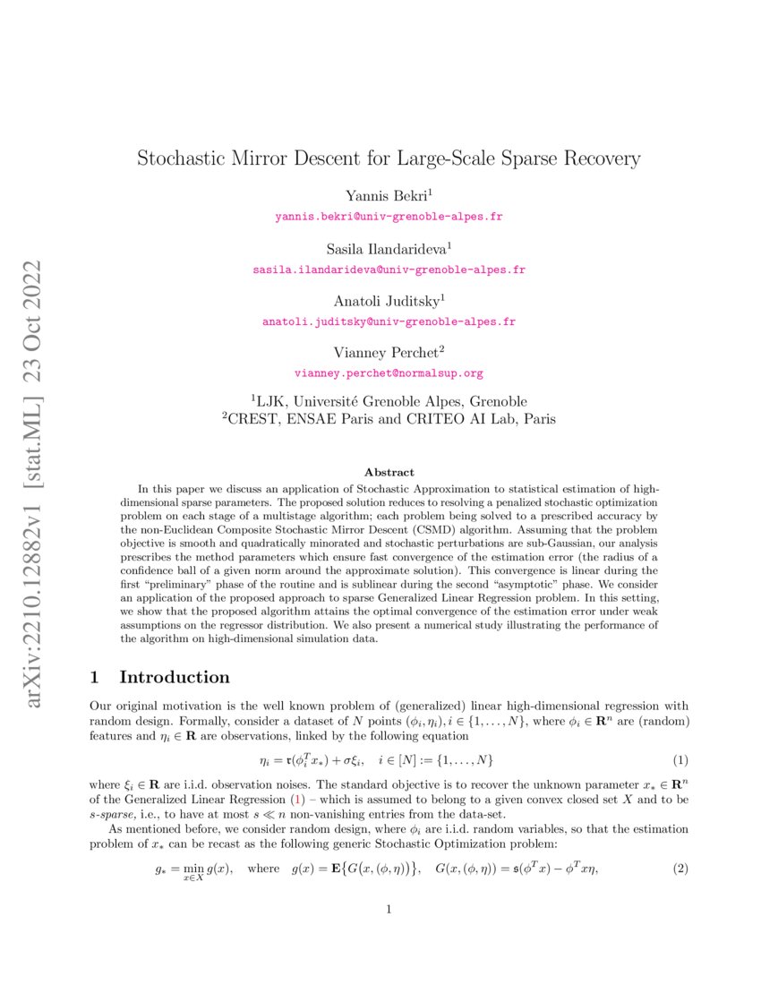 Stochastic Mirror Descent For Large Scale Sparse Recovery Deepai