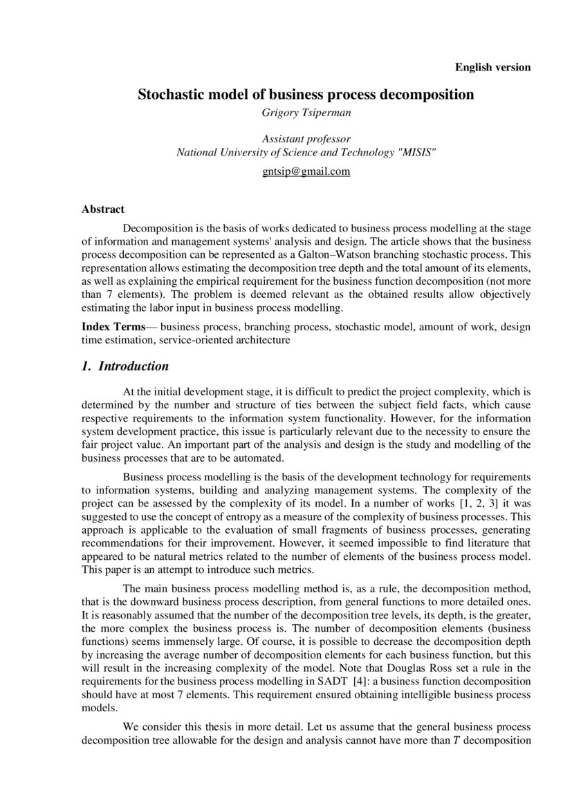 Stochastic Model Of Business Process Decomposition Deepai