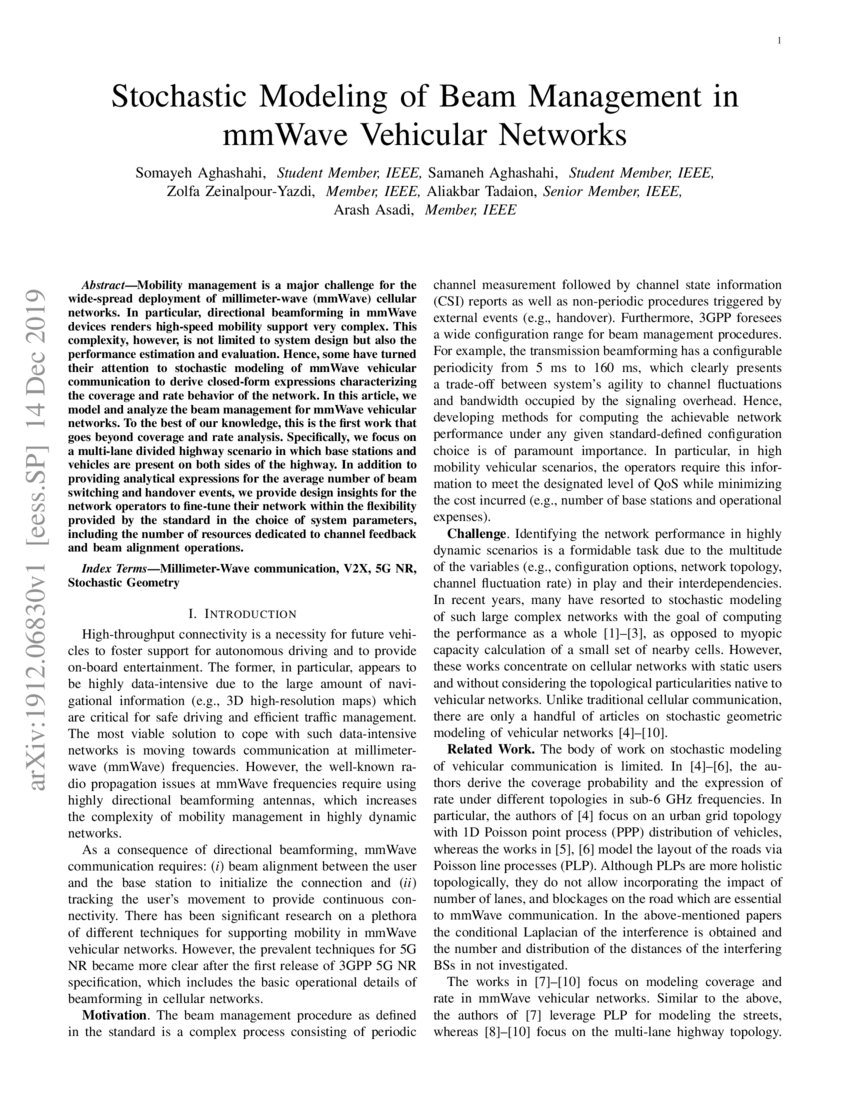 Stochastic Modeling Of Beam Management In Mmwave Vehicular Networks Deepai