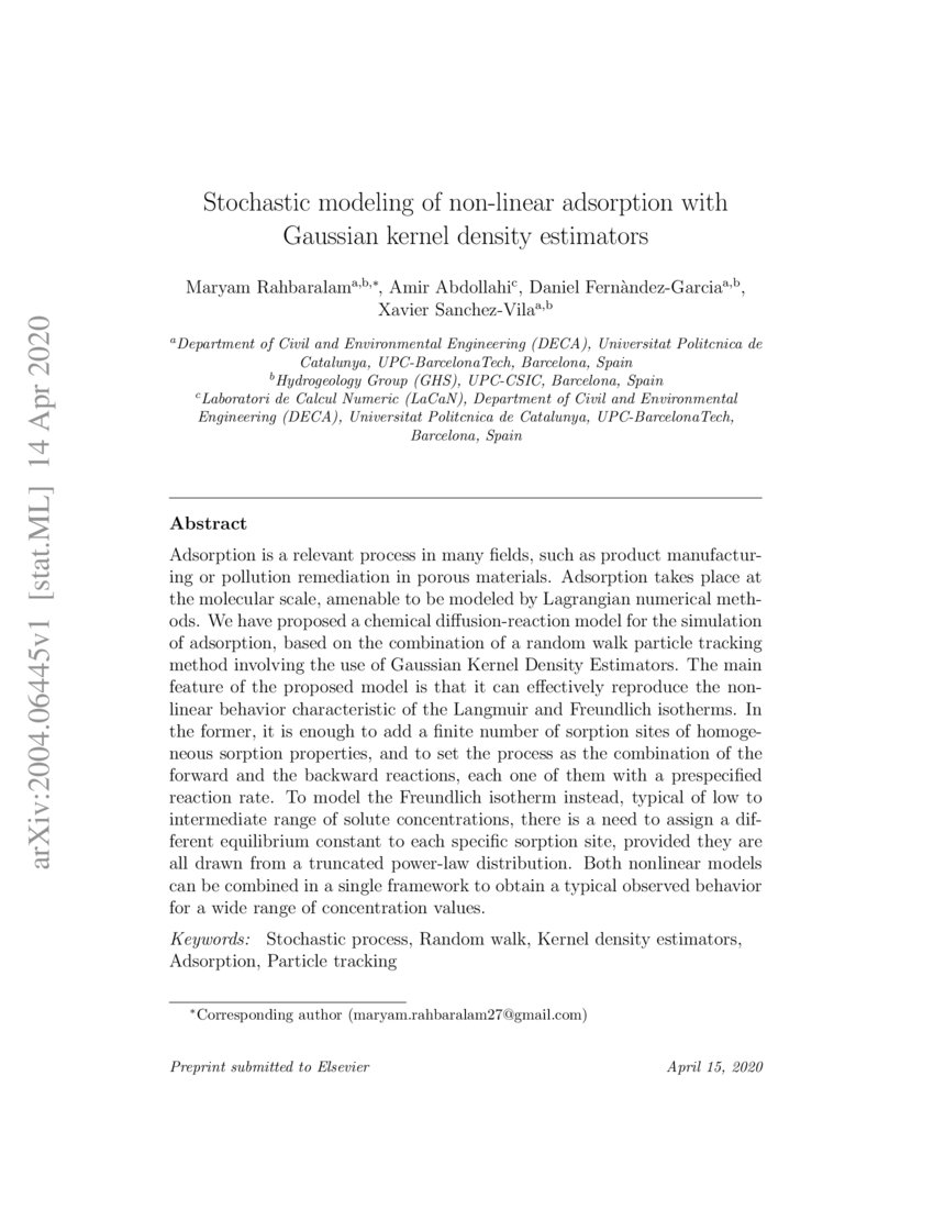 Stochastic Modeling Of Non Linear Adsorption With Gaussian Kernel Density Estimators Deepai
