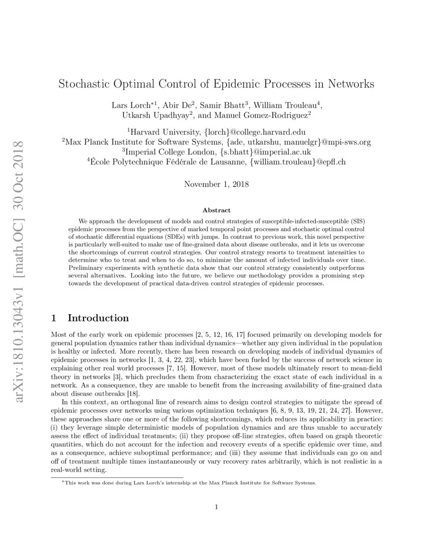 Stochastic Optimal Control Of Epidemic Processes In Networks Deepai