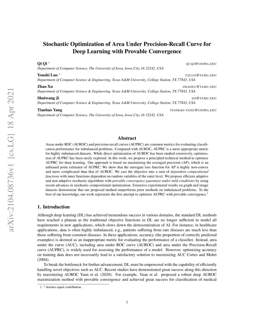 Stochastic Optimization of Area Under Precision-Recall Curve for Deep ...