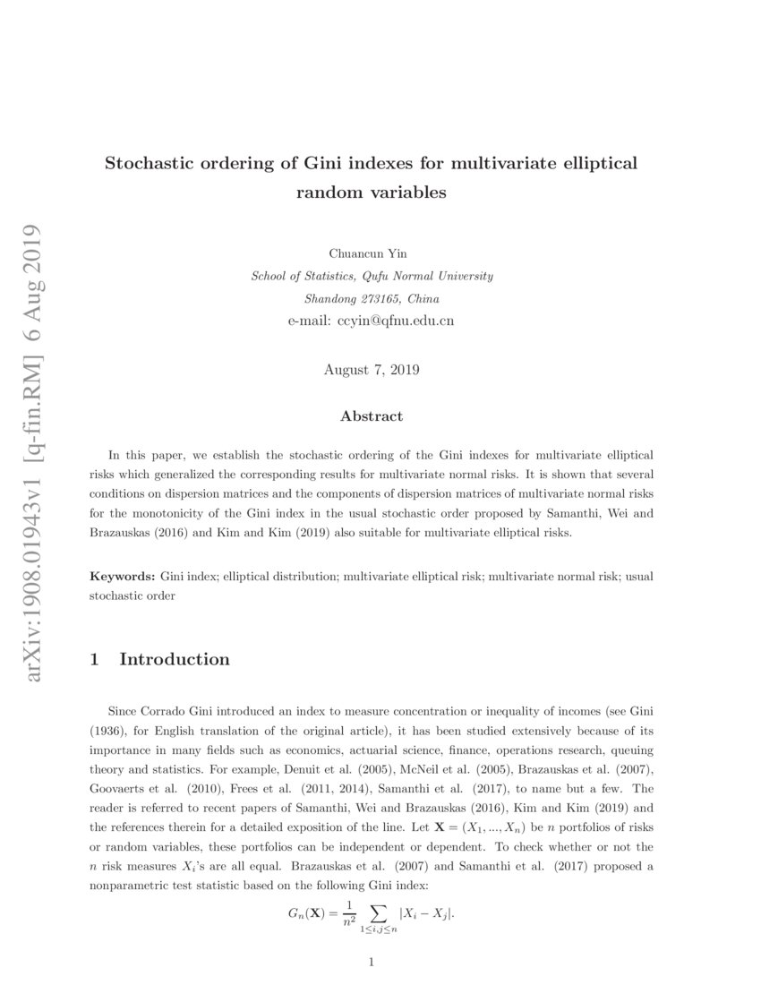 Stochastic Ordering Of Gini Indexes For Multivariate Elliptical Random