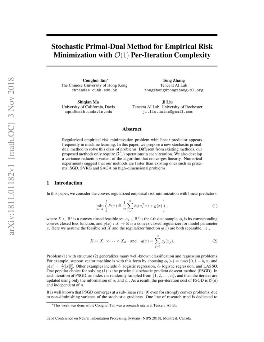 Stochastic Primal Dual Method For Empirical Risk Minimization With O1