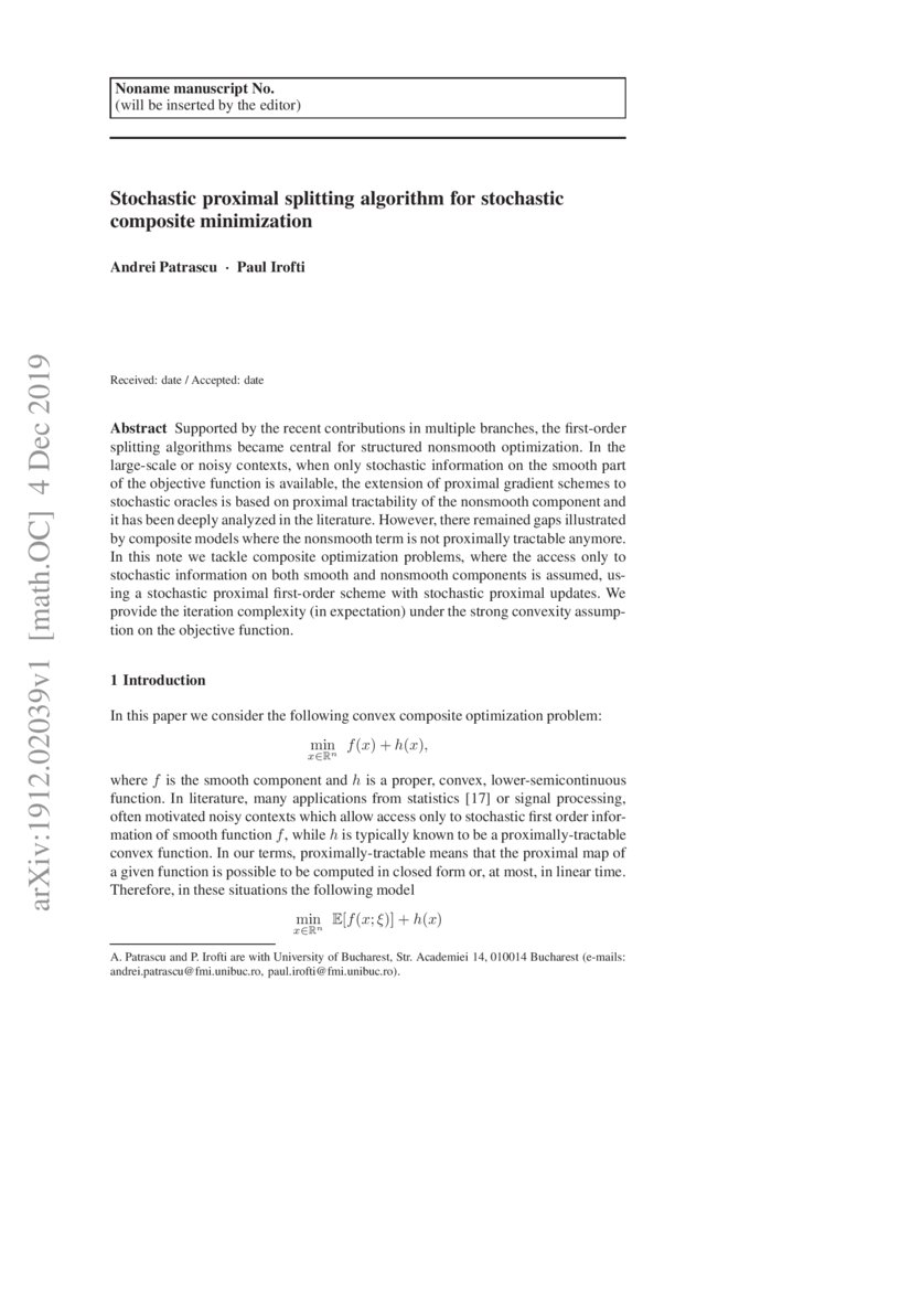 Stochastic Proximal Splitting Algorithm For Stochastic Composite Minimization Deepai