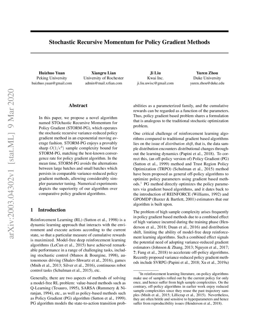 Stochastic Recursive Momentum for Policy Gradient Methods | DeepAI