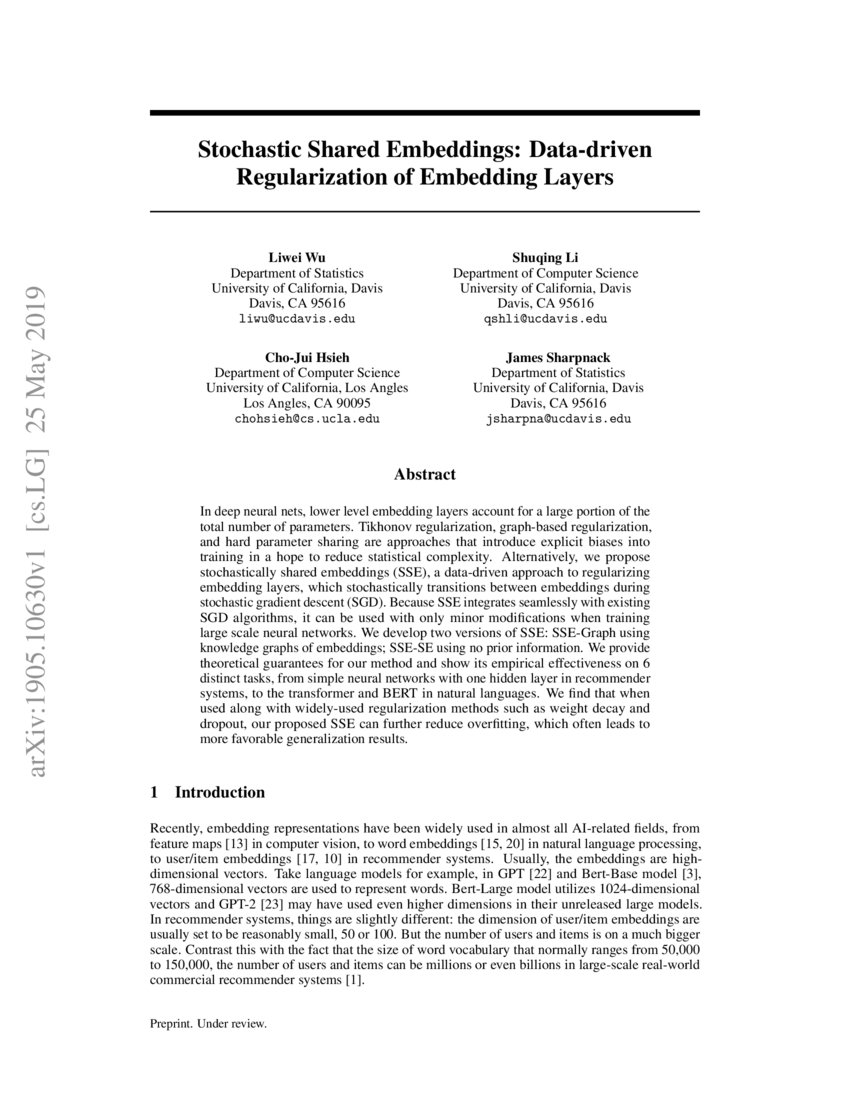 Stochastic Shared Embeddings Data Driven Regularization Of Embedding Layers Deepai