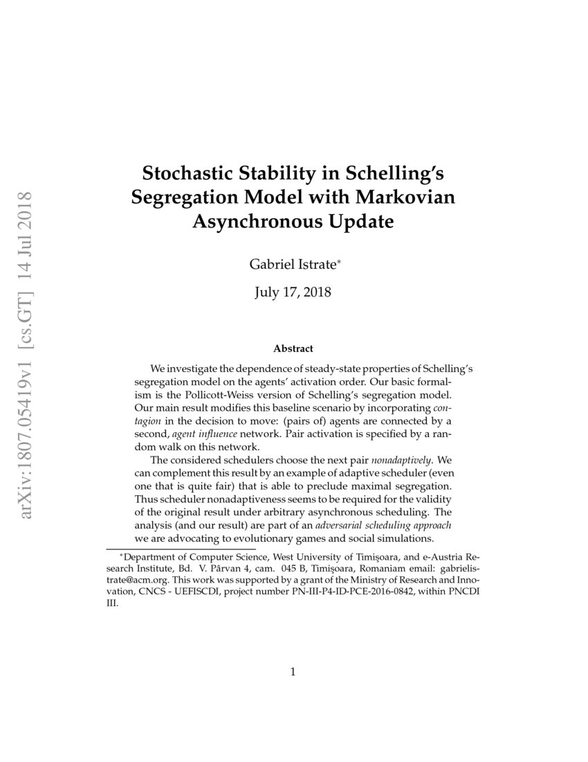 Stochastic Stability in Schelling's Segregation Model with Markovian Asynchronous Update | DeepAI