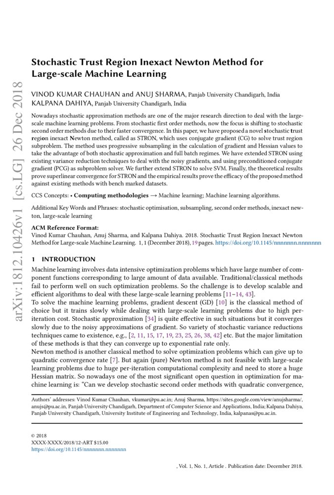 Stochastic Trust Region Inexact Newton Method For Large Scale Machine Learning Deepai