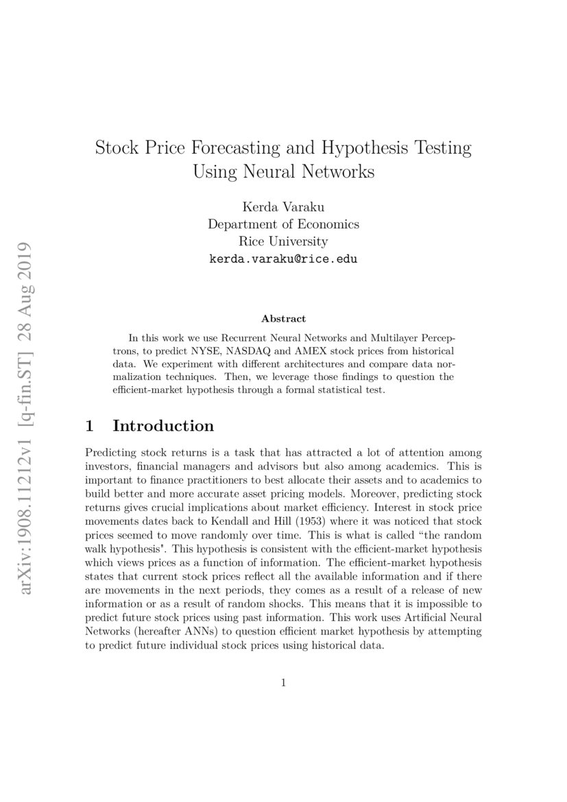 Stock Price Forecasting And Hypothesis Testing Using Neural Networks