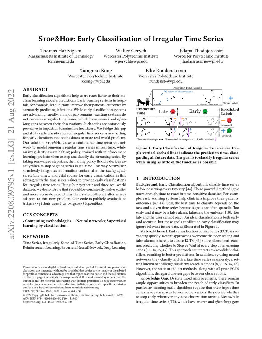 Stop Hop Early Classification Of Irregular Time Series Deepai