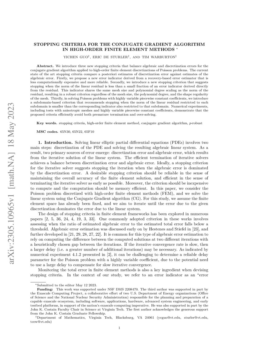 Stopping Criteria For The Conjugate Gradient Algorithm In High Order Finite Element Methods Deepai