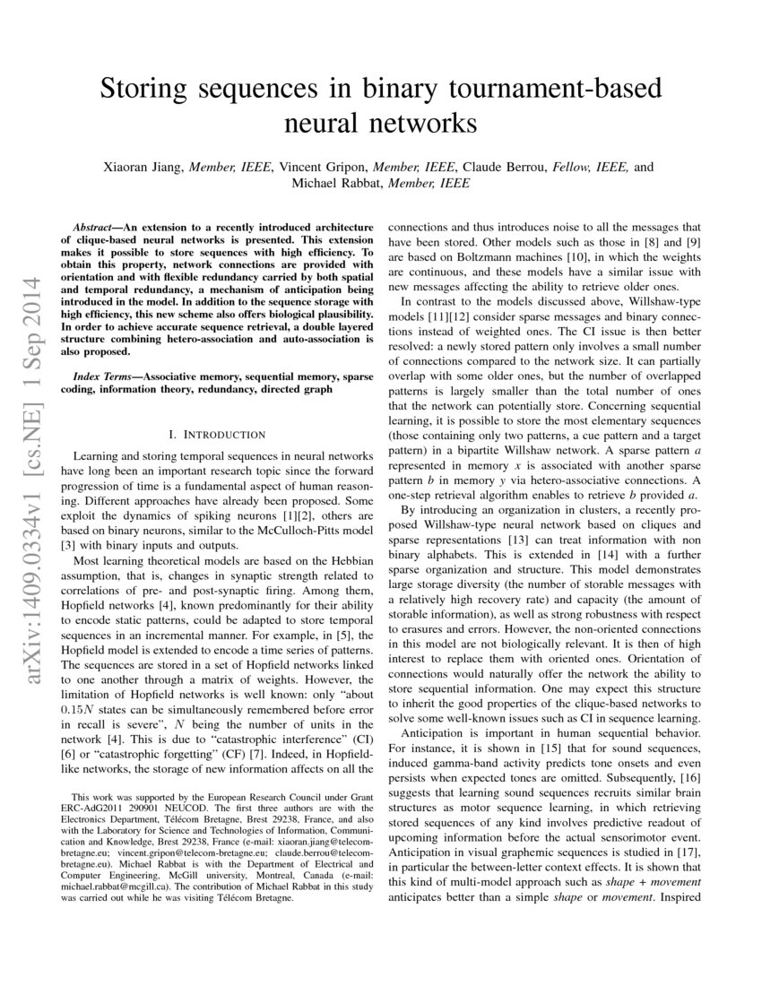 Storing Sequences In Binary Tournament Based Neural Networks Deepai