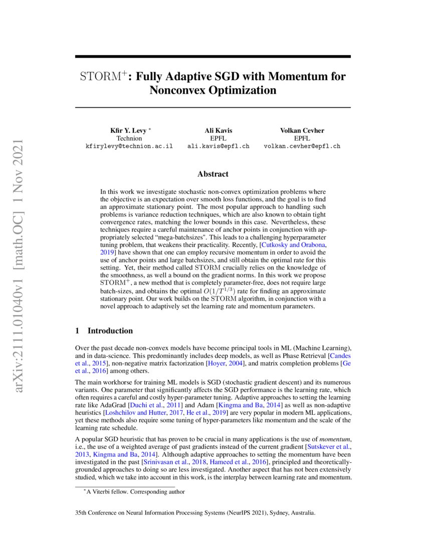 Storm Fully Adaptive Sgd With Momentum For Nonconvex Optimization Deepai