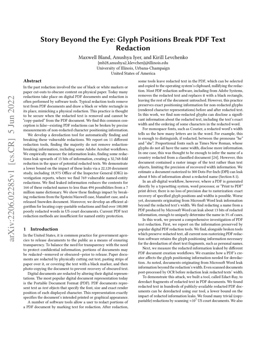 Story Beyond the Eye: Glyph Positions Break PDF Text Redaction | DeepAI